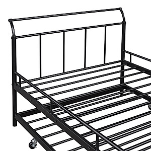Full Size Daybed with Trundle Twin, Heavy Duty Daybed with Curved Handle and Slats, Metal Daybed for Kids, Girls, Boys, No Box Spring Needed, Black Day Bed Full Size