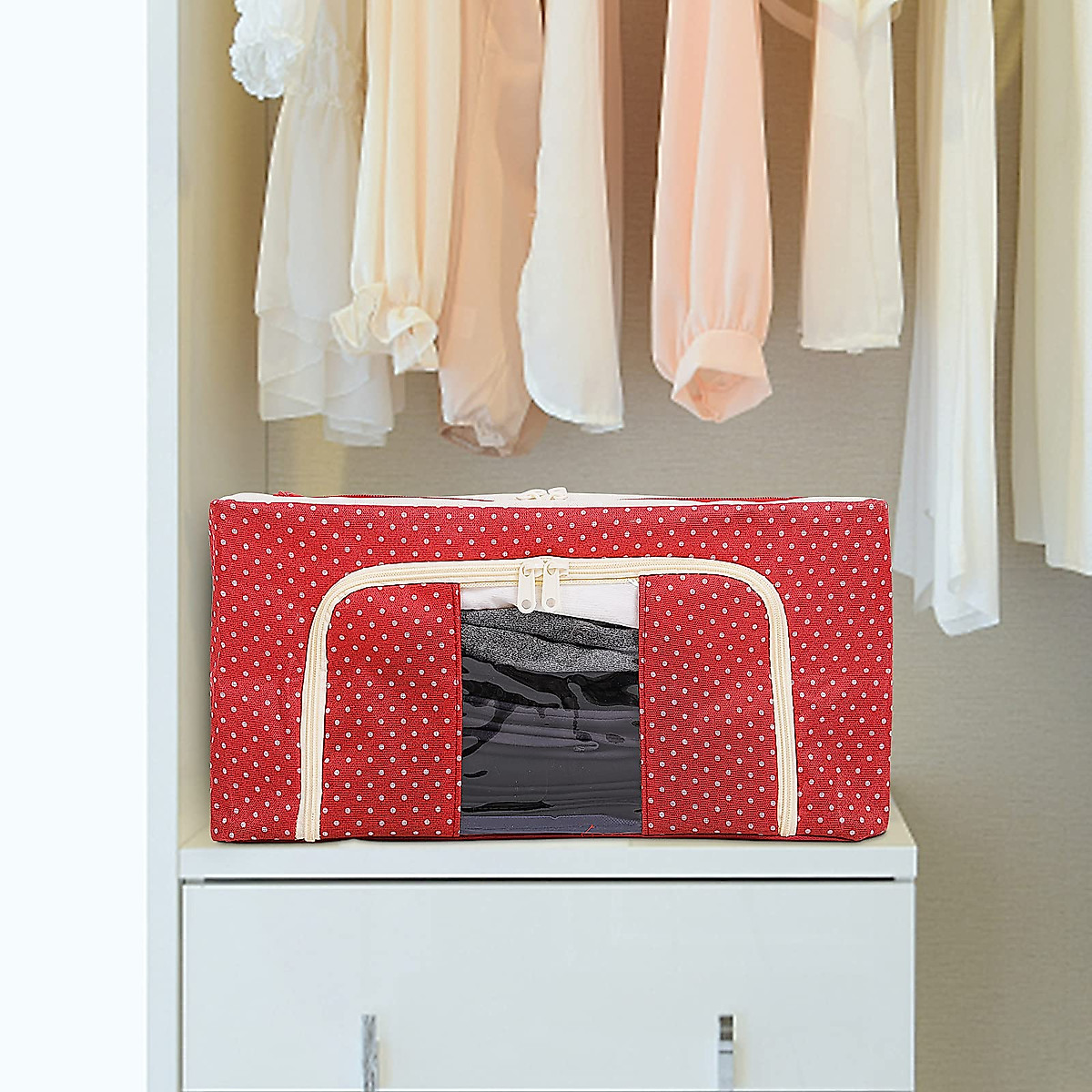 F.P.L Foldable Storage Bin Box Stackable Oxford Cloth Steel Frame Storage Bag Clothing Storage Containers Organizer for Clothes Beddings Towels(24L) (Red-2)