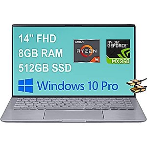 ASUS Zenbook 14 Business Laptop Computer 14" FHD Display AMD Hexa-Core Ryzen 5 4500U (Beats i7-10510U) 8GB RAM 512GB SSD GeForce MX350 2GB Backlit Keyboard USB-C Alexa Win10Pro Light Gray + HDMI Cable