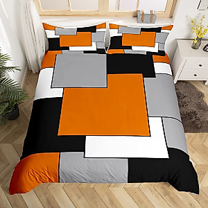 Erosebridal Orange White Black Grey Duvet Cover,Geometric Square Bedding Set King,Modern Abstract Comforter Cover for Youth Adult,Simple Style Vintage Quilt Cover with 2 Pillowcases Bedroom Decor