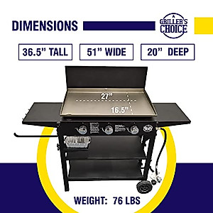 Griller's Choice Outdoor Griddle Grill Propane Gas Flat Top - Hood Included, 4 Shelves, Disposable Grease Cups, 36,000 BTU's, Large Cooking Area, Paper Towel Holder.