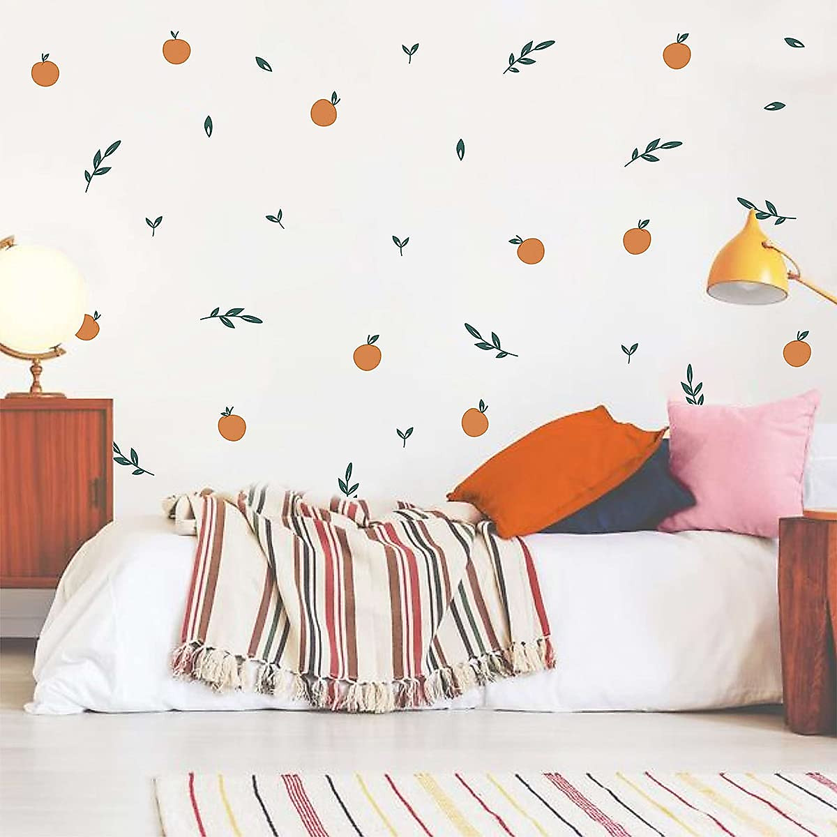IKEYU Tangerines Green Leaves Wall Decals Boho Wall Decal Stickers Fruit Orange Wall Decal Kitchen Plant Leaf Wall Stickers for Nursery Bedroom Bathroom Kids Room Decor