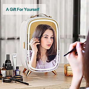 SPECILITE Mini Fridge, 6L Skincare Fridge with Mirror and LED Lighting Portable Cooler Small Refrigerator for Bedroom, Beauty, Makeup, Skin Care, Beverage, Cosmetics (White)