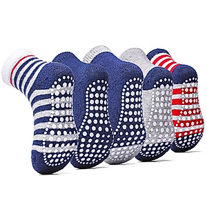 Sosenfer Non Slip Toddler Socks with Grippers,5 Pairs Non Skid Ankle Socks for 4-7 Years Baby Kids Made With Cotton-5 Pairs blue