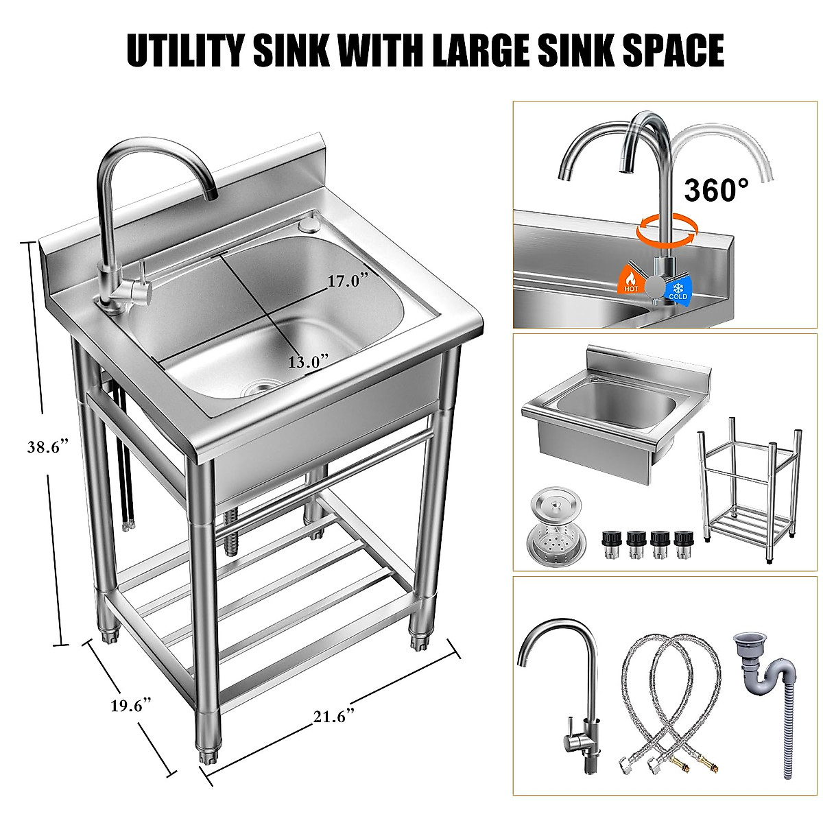 Utility Sink, Stainless Steel Sink, Single Bowl Freestanding Sink Kitchen Sinks with Hot & Cold Hoses Outdoor Sink for Laundry Garden Garage Commercial Restaurant