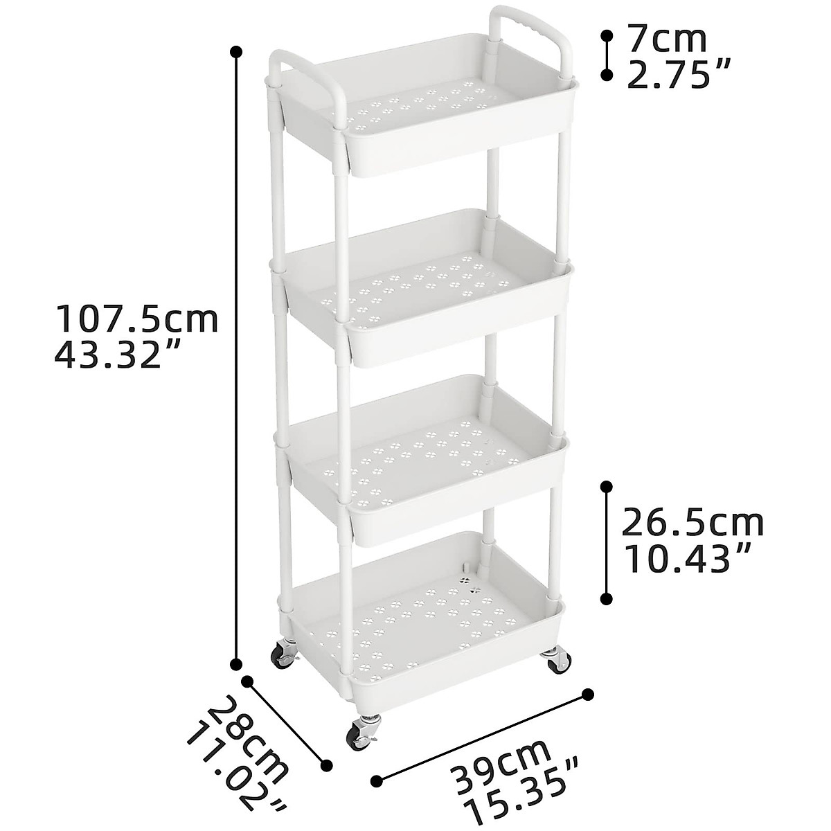 JIUYOTREE 4-Tier Rolling Storage Cart Utility Cart with Lockable Wheels for Living Room Bathroom Kitchen Office White