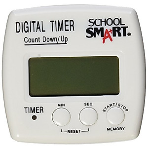 School Smart Count up/Count Down Timer, Digital, (1) AAA Battery, 2-3/4 in W X 2-3/4 in H X 1 in D, Assorted Color, Assorted Size - 084280