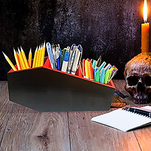 Underground Whispers Red Coffin Makeup Brush Holder - Triple Compartment Vanity Organizer and Desk Storage for Lipstick & Eyeshadow Pen - Skincare Cosmetic Display Cases for Bathroom (Red)