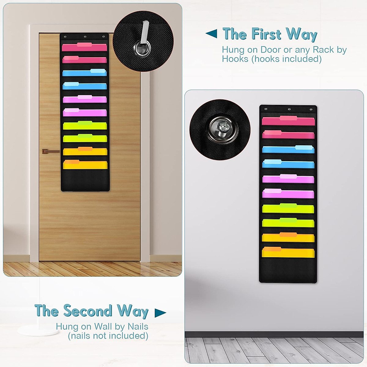 3 Pack Heavy Duty Storage Pocket Chart Wall Hanging File Organizer Folders 60 Pockets 12 Overdoor Hangers Included Hanging File Folders Paper Magazine Organizer for Home Classroom Office School