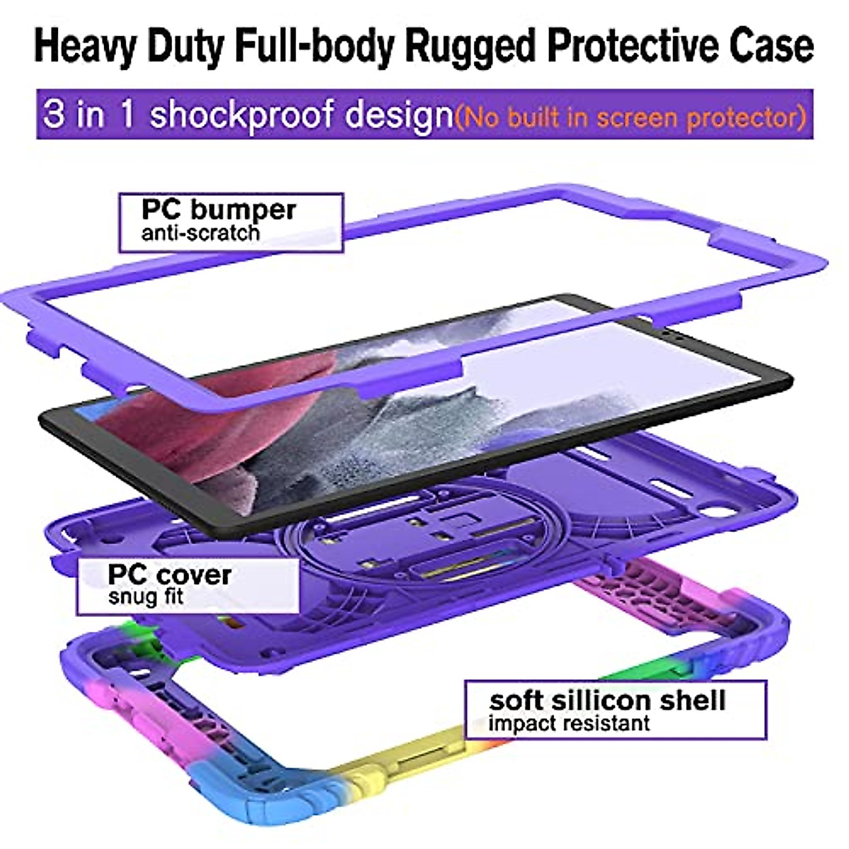MENZO Samsung Galaxy Tab A7 Lite 8.7-inch Case 2021 Release, 3-Layer Shoulder Strap Rugged Protective Case with Holding Strap Rotating Stand for Samsung Galaxy Tab A7 Lite 8.7 (SM-T220/T225),Purple