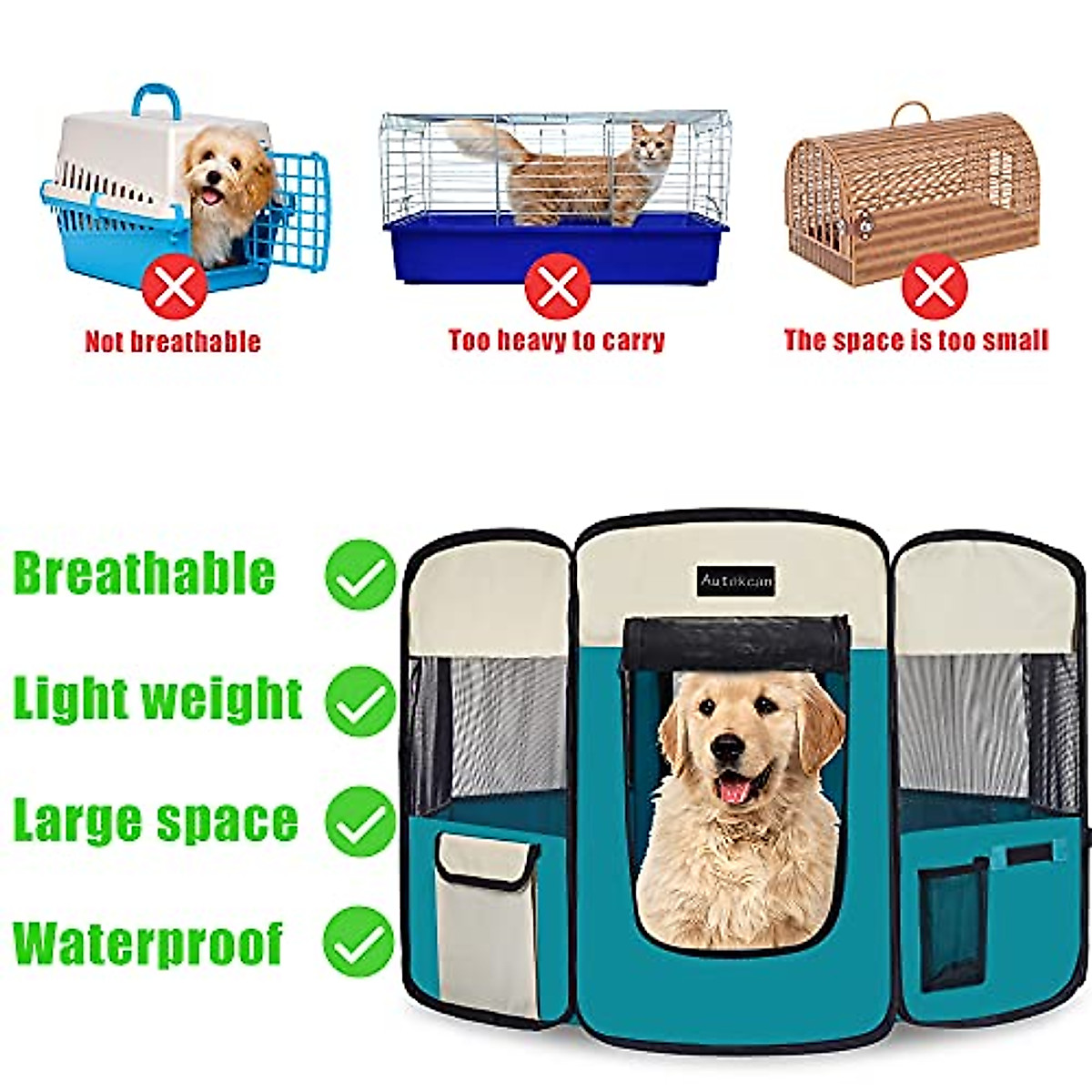 Autokcan Portable Pet Playpen, Dog Playpen Waterproof Foldable Indoor/Outdoor Travel Use Dog Kennel Pet Tent Pet Exercise Pen 4 Sizes for Dog/Cat/Puppy/Rabbit/Hamster