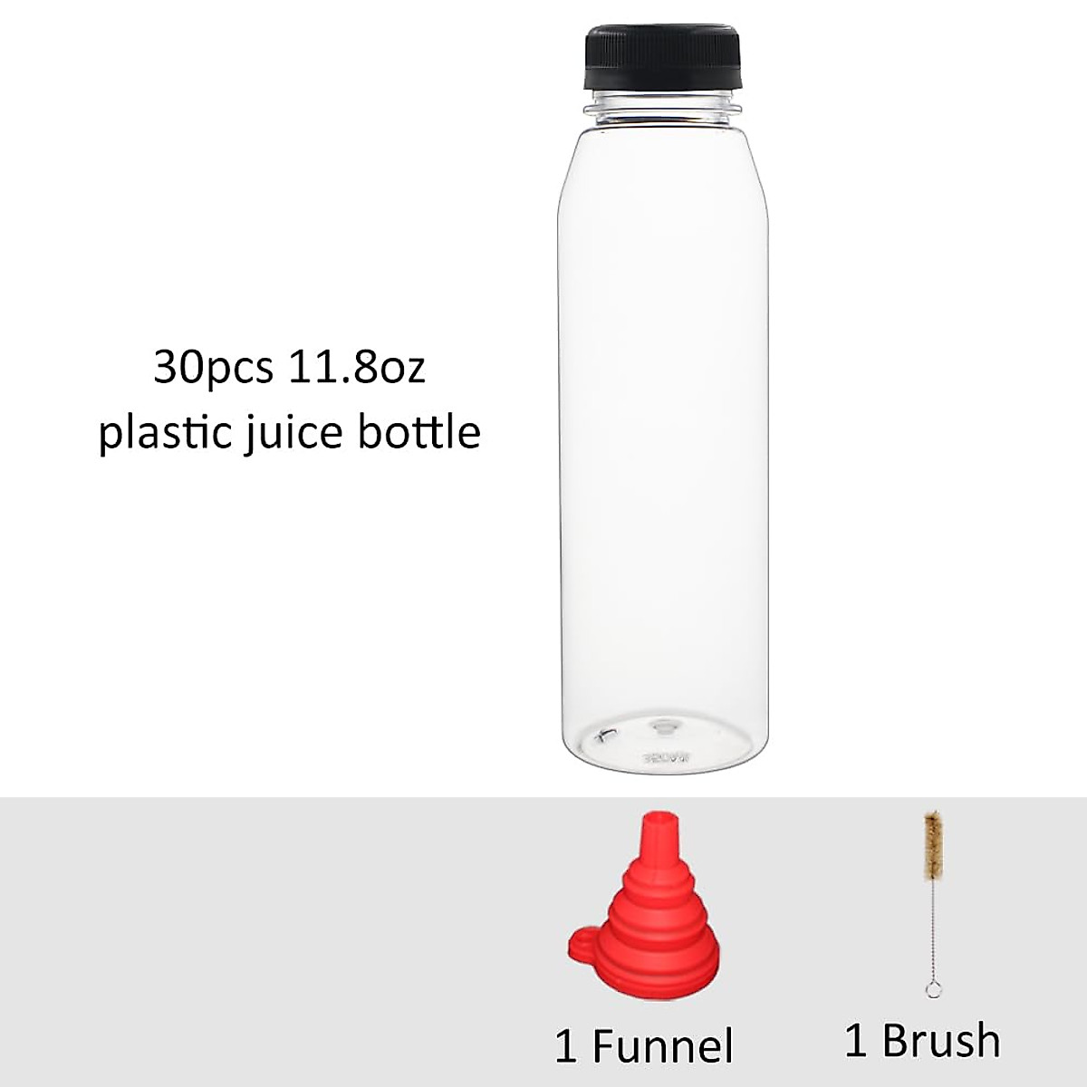 BPFY 30 Pack 12 oz Empty Plastic Juice Bottles with Caps Reusable Clear Beverage Containers with Black Tamper Evident Lids, Brush, Funnel for Juice, Milk, Water, Coffee