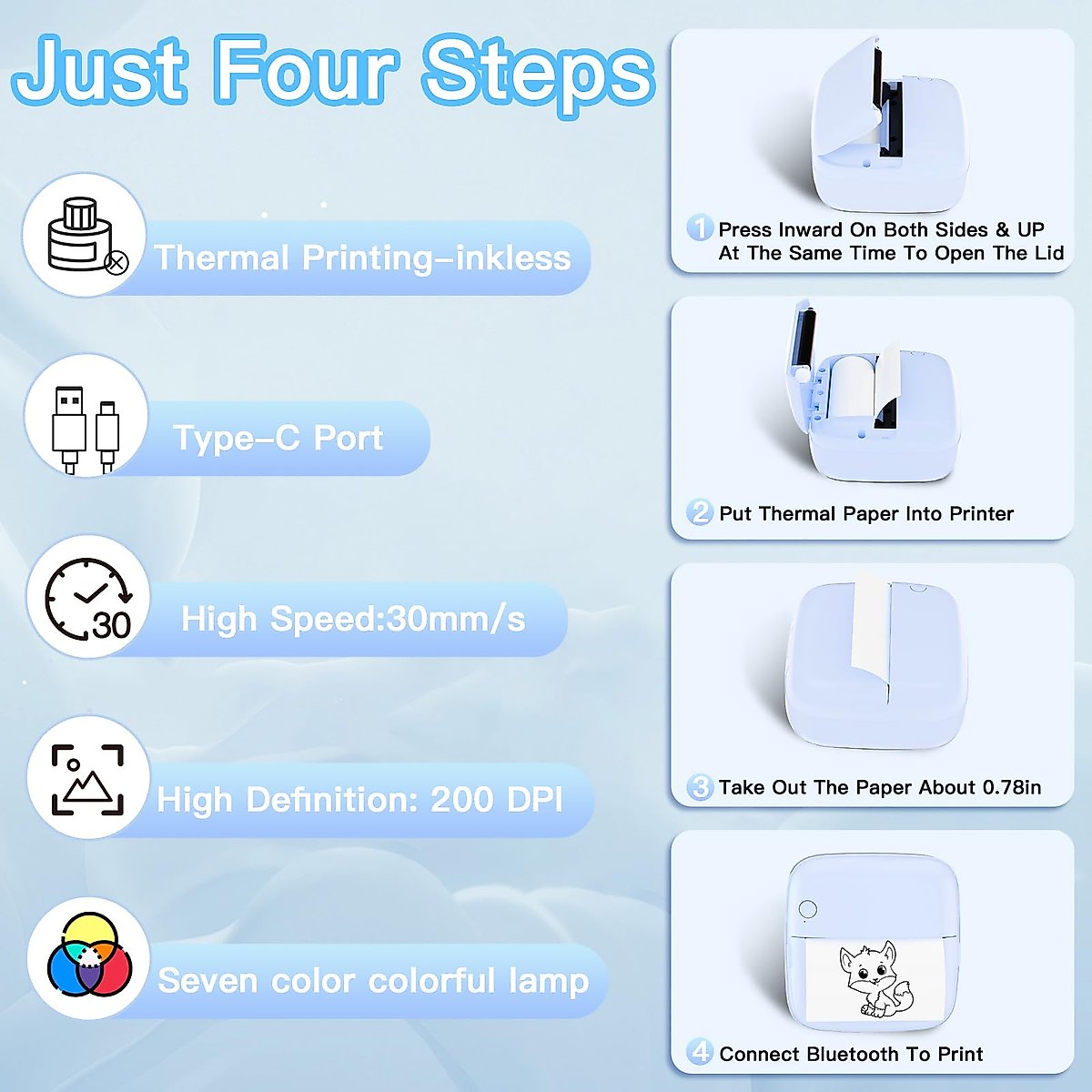Mini Printer Sticker Printer Print Pod with 6 Rolls Sticker Paper, Seven Color Lighting Modes for DIY Scrapbook, Travel, Notes, Label, Memo, Compatible with iOS&Android