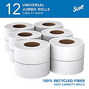 Scott Essential Jumbo Roll JR. Commercial Toilet Paper (67805), 100% Recycled Fiber, 2-PLY, White, 12 Rolls / Case, 1000' / Roll