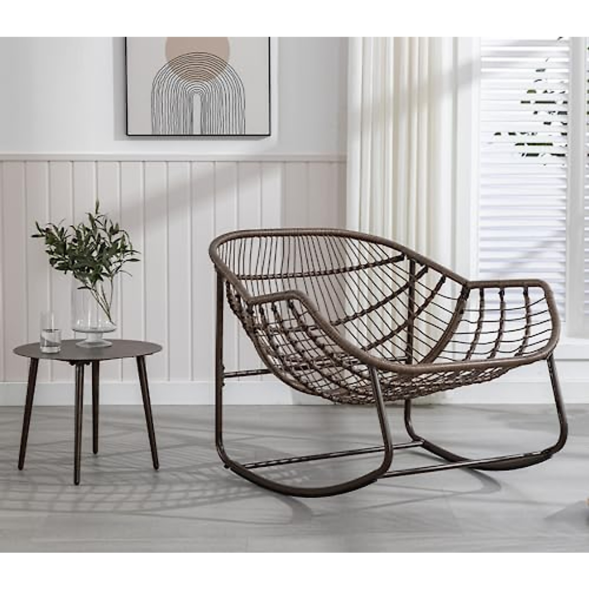 Lin-Utrend Outdoor Patio Rocking Chair,Oversized Egg Rocking Chair,Comfy Wicker Rocker Recliner Chair,Modern Lounge Chair for Living Room Patio,Balcony,Front Porch,Garden(Beige)