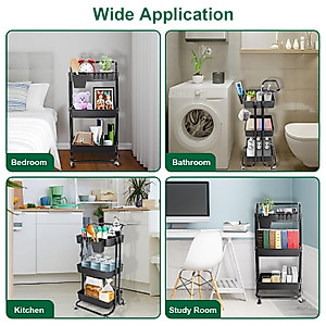 Rolling Metal Cart Kitchen Vegetable Fruits Rack Stand Movable Multi-Purpose Storage Shelf Trolley 3-Tier Utility Cart with Wheels (Black)