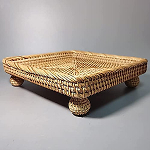9 Inch Rattan Serving Basket, Square Woven Bowl with 1”Side and Pedestal Stand, Flat Wicker Decorative Snack Basket Trays for Bread, Fruit, Keys, Candy Dish, Rustic Platter, Display Riser, Exxacttorch