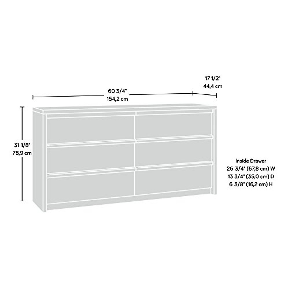 Sauder Harvey Park Dresser, L: 60.71" x W: 17.48" x H: 31.06", Grand Walnut Finish