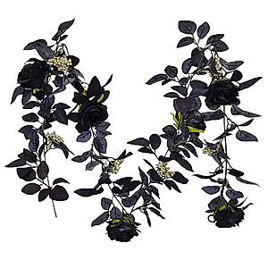 TYLC Artificial Rose Realistic Flower Cane Indoor Outdoor Wall Hanging with Leaves Vine Home Garden Halloween Decor *# (Color : Black)