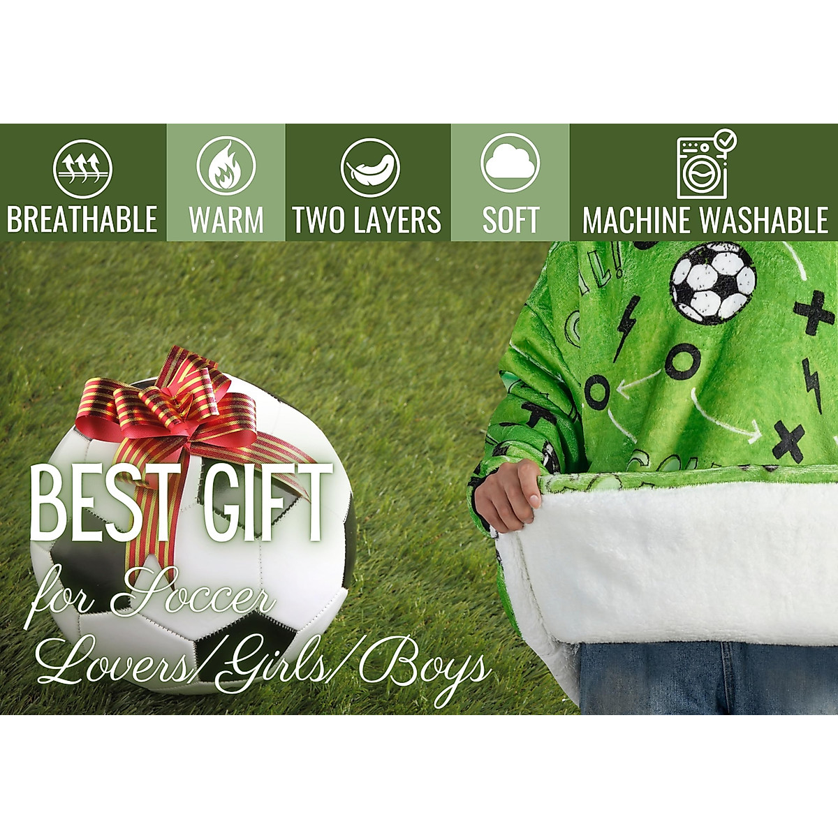 Soccer Gifts for Men, Boys, Girls, Wearable Blanket Hoodie, Oversized Flannel Hooded Blanket, Plush, Cozy, Warm, Soft, One Size