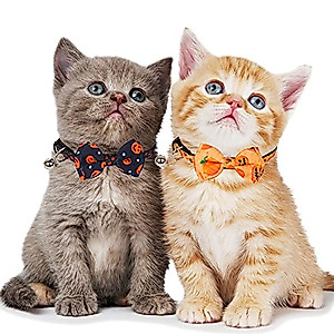PTDECOR Halloween Cat Collars with Bow Tie Bell, 2 Pack Breakaway Kitten Collar with Removable Bowtie Pumpkin Halloween Collar for Girl Boy Cats (Black & Yellow)