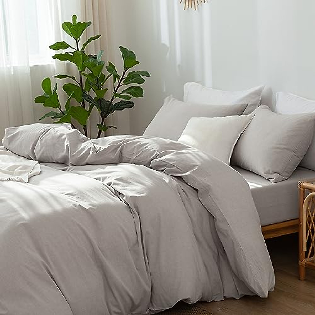 MooMee Bedding Duvet Cover Set 100% Washed Cotton Linen Like Textured Breathable Durable Soft Comfy (New Natural Linen, Queen)