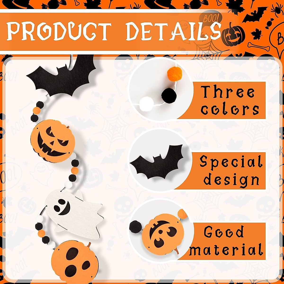 24.6Ft Halloween Felt Banner Cute Pumpkin Ghosts Expressions Bat Pom Pom Garlands Halloween Pumpkin Ghosts Party Decorations Banner for Halloween Party Haunted Indoor Outdoor Home Office Hanging Decor