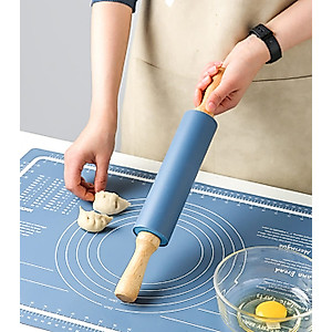 Silicone Rolling Pin Non Stick Surface Wooden Handle,rolling pins for baking,Blue Rolling Pin Handle Rolling Pin Non-Stick Silicone Rolling for Home Kitchen Cake