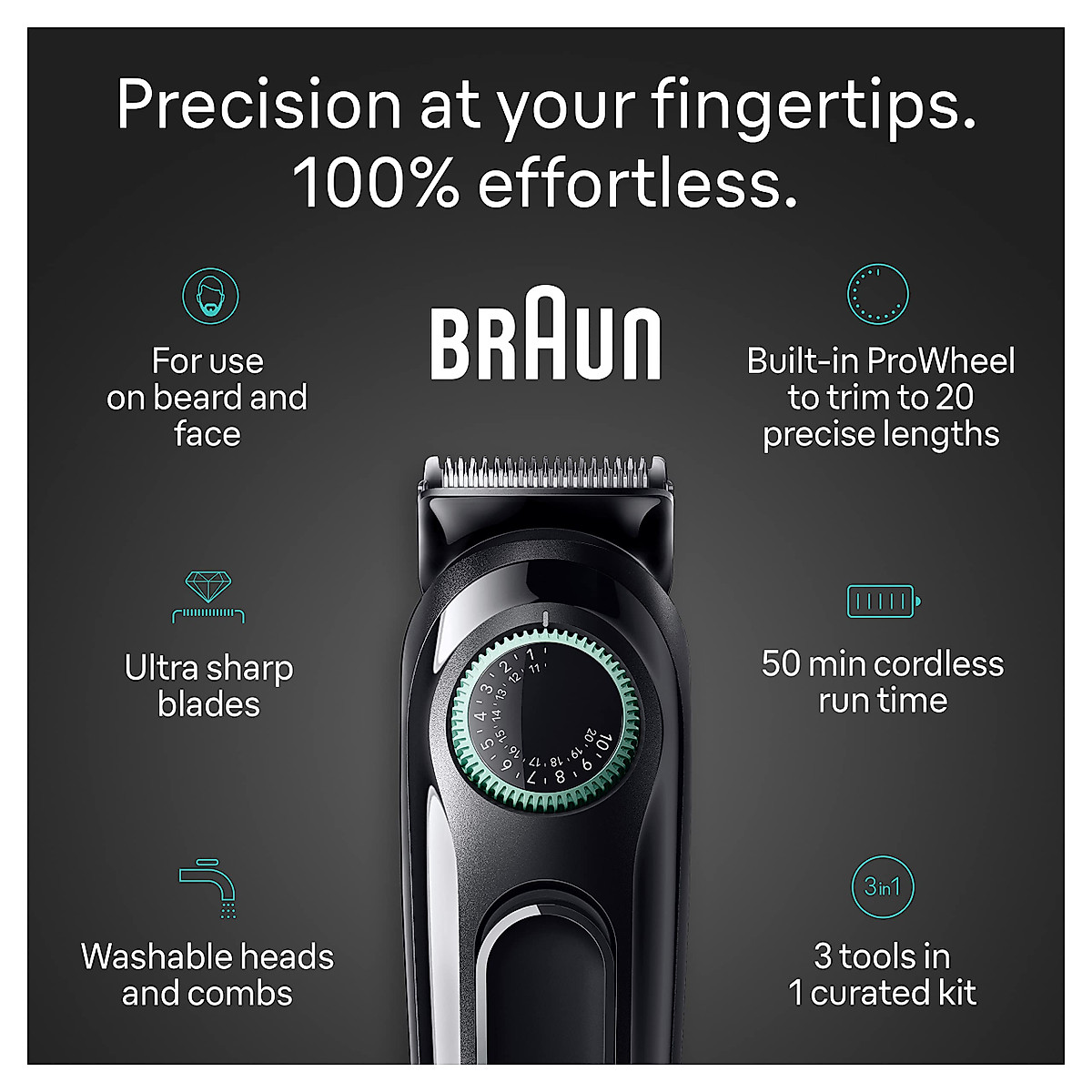 Braun All-in-One Style Kit Series 3 3430, 3-in-1 Trimmer for Men with Beard Trimmer, Ear & Nose Trimmer, Hair Clippers, Ultra-Sharp Blade, 20 Length Settings, Washable, Black