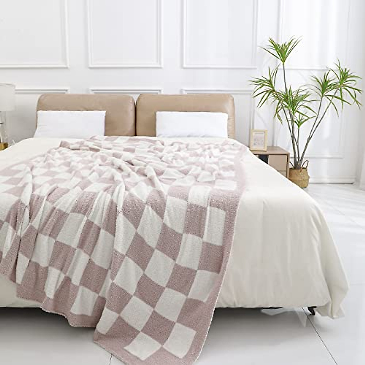 bearberry Fuzzy Checkerboard Grid Throw Blanket Knitted Soft Cozy Warm Microfiber Bed Blanket Decor for Couch Sofa Bed Travel Home (Cream, 60''x80'')