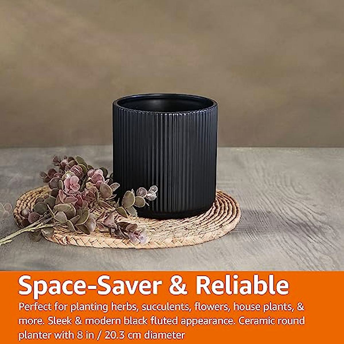 Amazon Basics Fluted Round Ceramic Planter, 8-Inch, Black