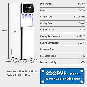 SOOPYK Water Dispenser Cooler Bottom Load Loading with 3 Temperatures Setting 3-5 Gallon Self Cleaning Cold and Hot Water Durable Steel Frame Child Safety Lock Removable Drip Tray for Home Office