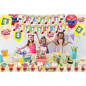 Books Party Decorations Book Club Birthday Party Supplies Includes Book Happy Birthday Banner Cake Topper Cupcake Toppers Balloons for Library Party Decorations