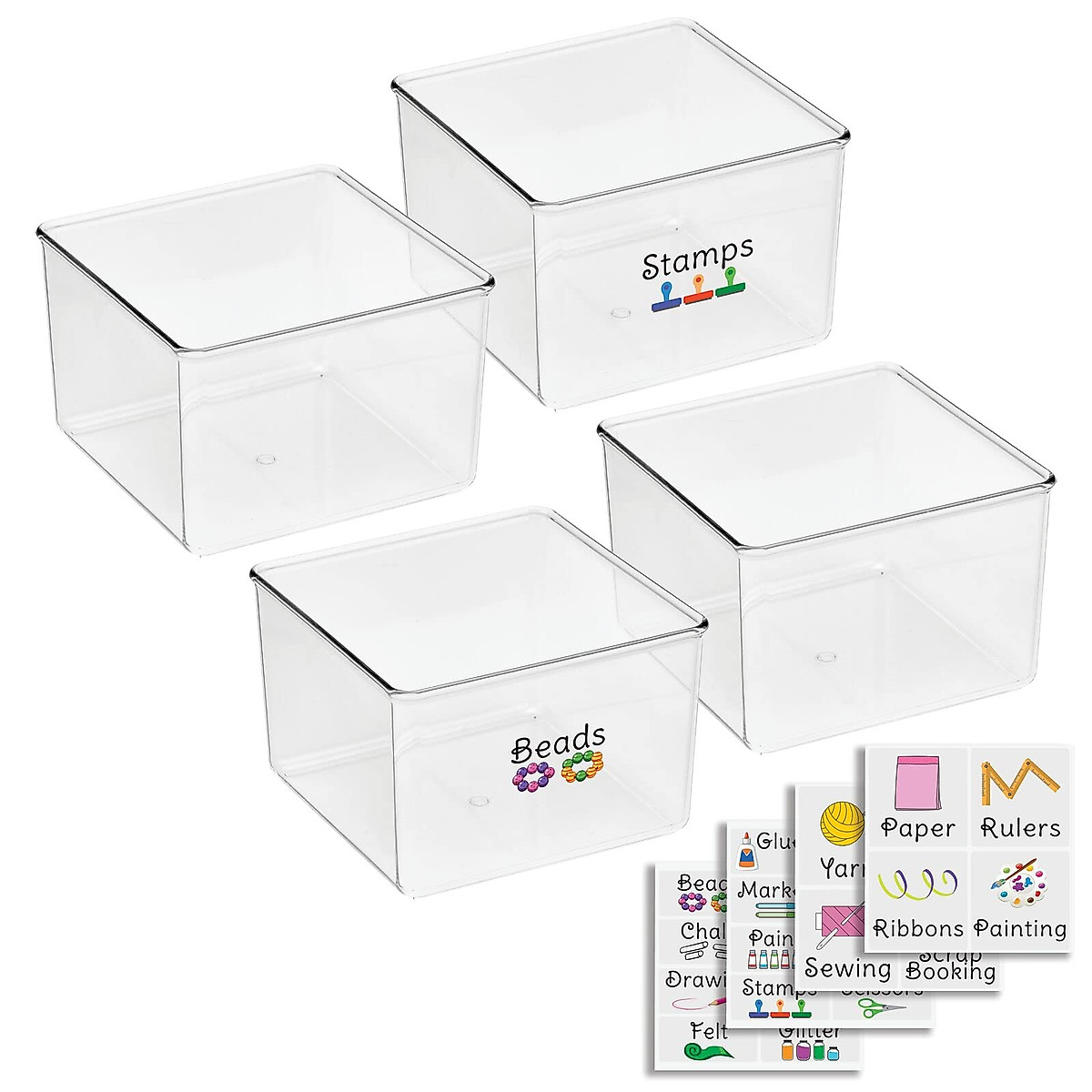 mDesign Stackable Plastic Craft, Sewing, Crochet Storage Container Box with Handles- Compact Organizer Bin, Holder for Thread, Beads, Ribbon, Glitter, Clay - 4 Pack, Includes 32 Labels - Clear