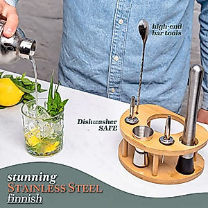 Mixology Bartender Kit Cocktail Shaker Set by Barillio: Drink Mixer Set with Bar Tools, Bamboo Stand Cocktail Mixer Mixing Spoon Mojito Muddler Jigger Liquor Pourers Recipes Booklet