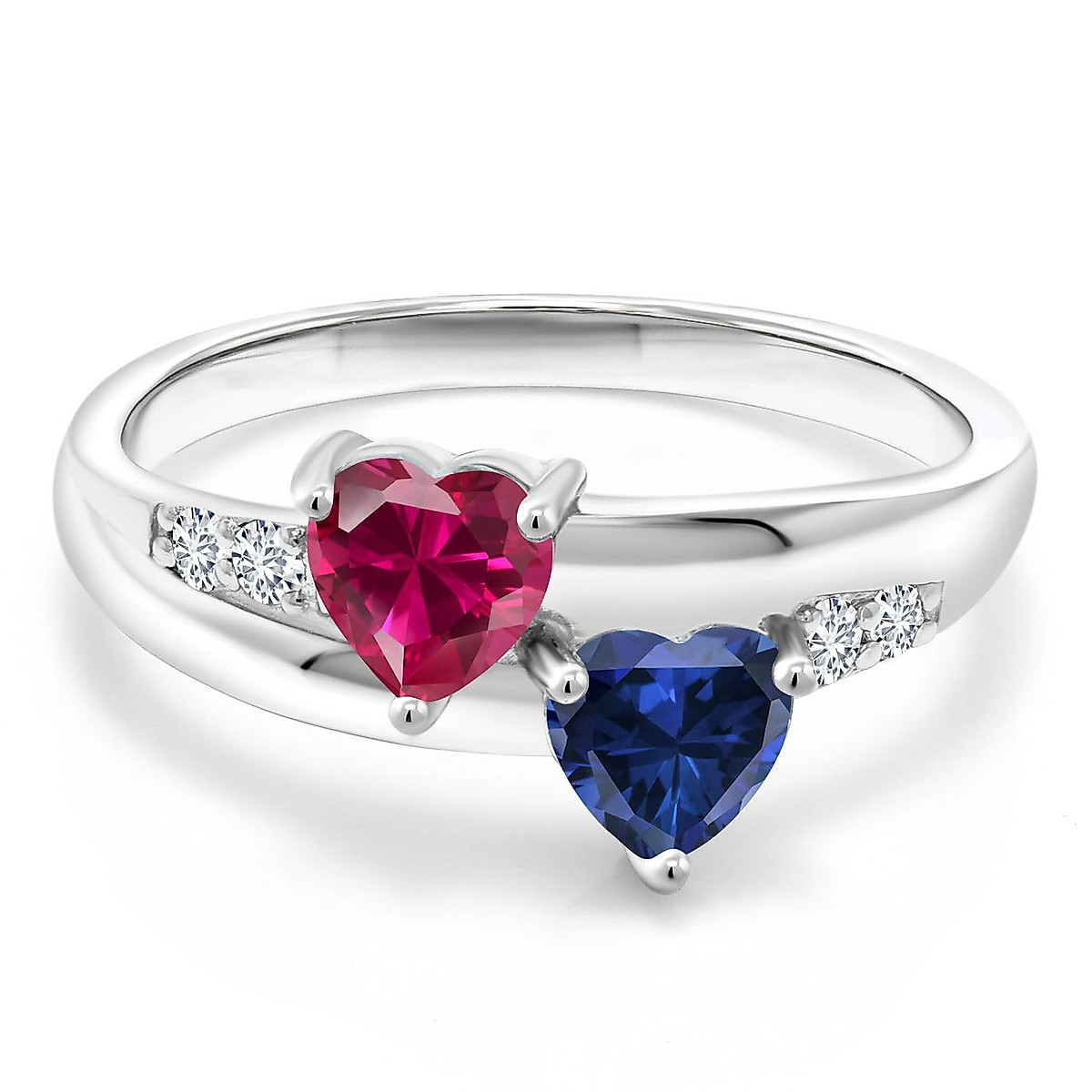 Gem Stone King 925 Sterling Silver Red Created Ruby Blue Created Sapphire and White Lab Grown Diamond Ring For Women (1.29 Cttw, Heart Shape 5MM, Available in size 5, 6, 7, 8, 9)