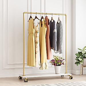 FONECHIN Gold Metal Clothing Rack with Wood Shelf, Heavy Duty Rolling Garment Rack with Wheels for Bedroom Retail Boutique Use (49.21L inches)