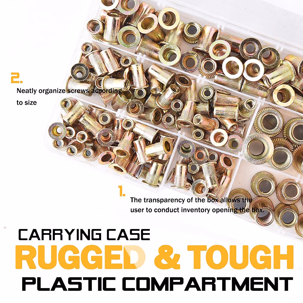 VIGRUE 150pcs #8-32#10-24 1/4"-20 5/16"-18 3/8"-16 Carbon Steel UNC Rivet Nuts Assortment Kit, Yellow Zinc Plated Finish, Flat Head Threaded Insert Nut Assort