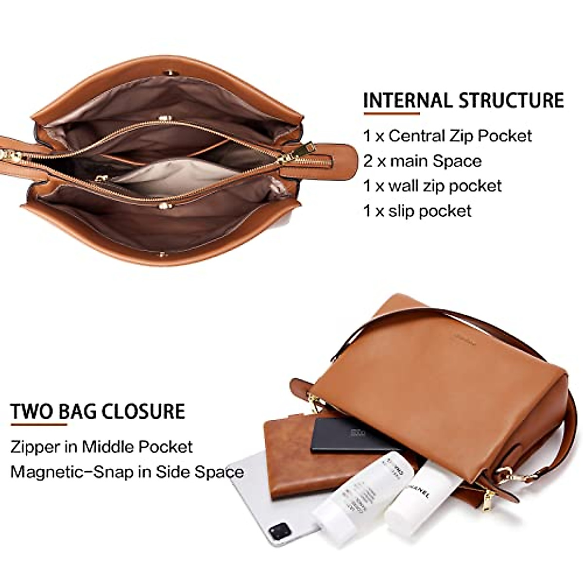 BOSTANTEN Women’s Shoulder Handbags Leather Designer Purses Crossbody Bags with Triple Compartment