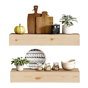 ROOREVO Wall Floating Shelves, Rustic Wood Shelf for Wall Mounted - Wooden Handmade Shelves for Bathroom Kitchen Livingroom - No Stain - DIY(Unfinished, 17 Inch - 2 Pack)