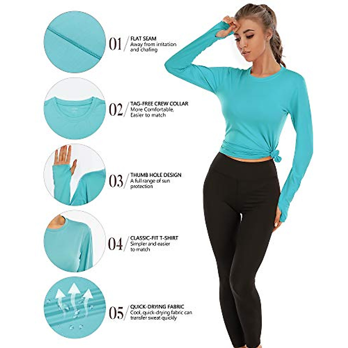 Womens Long Sleeve UV Sun Protection Shirts Thumbhole Athletic Running Workout Tee Tops UPF 50+