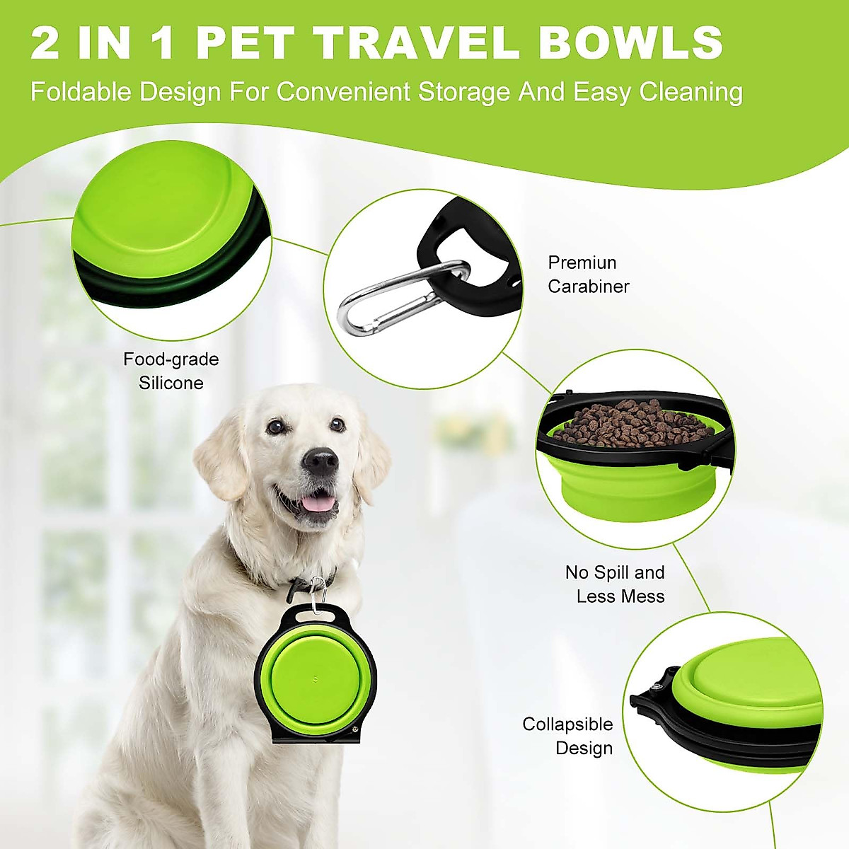 PNEUICALLY Collapsible Silicone Cat and Dog Travel Bowls,2 in 1 Foldable Pet Feeding and Watering Dish for Walking Camping Hiking with Carabiner (Green)