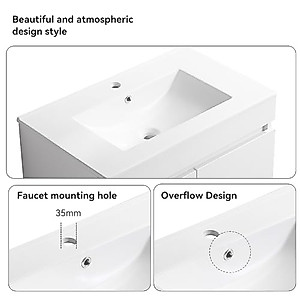 QuixotYDDZ 36 Inch Bathroom Vanity, Modern Freestanding Bathroom Vanity Cabinet with Ceramic Vessel Sink, Rubber Wood Bathroom Storage Cabinet with Top Basin and Metal Legs, White(No Faucets)