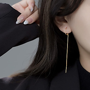 Reffeer Solid 925 Sterling Silver Dangle Chain Earrings Tassel Threader for Women Long Dangle Earrings Minimalist (B-18K Gold)