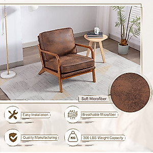 KINFFICT Upholstered Mid Century Accent Chair, Comfy Lounge Armchair with Thicken Cushion, Modern Wooden Arm Chair, Sturdy Reading Chair for Living Room, Bedroom, 300 LBS Weight Capacity, Coffee