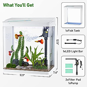 PONDON Betta Fish Tank, 3 Gallon Glass Aquarium, 3 in 1 Fish Tank with Filter and Light, Desktop Small Fish Tank for Betta Fish, Guppies, Goldfish