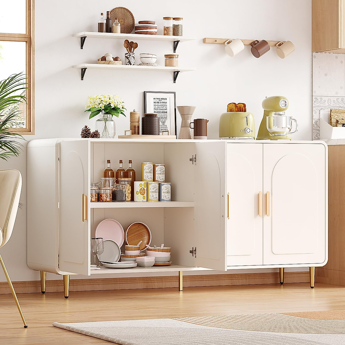 ONBRILL 60" Sideboard Buffet Cabinet with Storage, Curved Design Cabinet with 4 Doors & Adjustable Shelves Modern Console Table for Dining Room, Living Room, Kitchen, Hallway, Bedroom, White