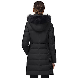 SLOW DOWN Women Winter Down Puffer Coat Warm Hooded Mid-Length Down Jacket for Women with Faux Fur Trim Hood and Pile Collar (Black, XL)