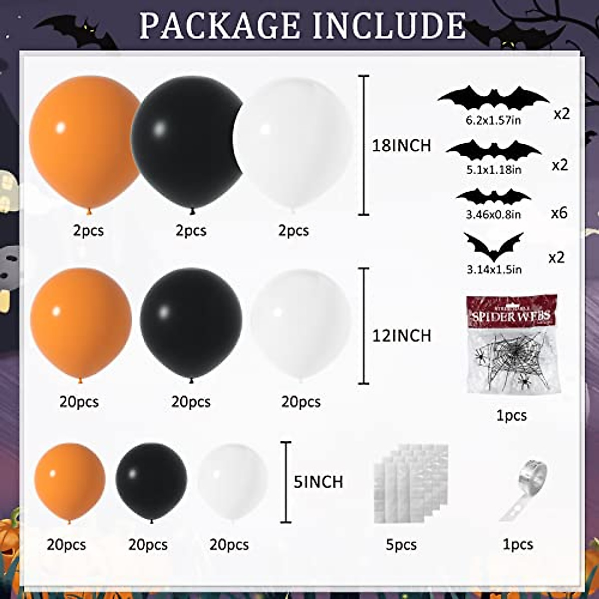 ZFUNBO 139 Pack Halloween Balloon Arch Garland Kit, Orange Black White Balloons Balloons Set with 3D Bat Sticker Spider Web for Halloween Party Decorations Baby Shower Birthday Party