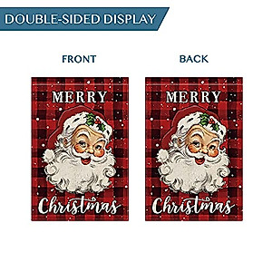 AVOIN Merry Christmas Watercolor Buffalo Check Plaid Santa Claus Garden Flag Vertical Double Sided, Winter Holiday Yard Outdoor Decoration 12.5 x 18 Inch